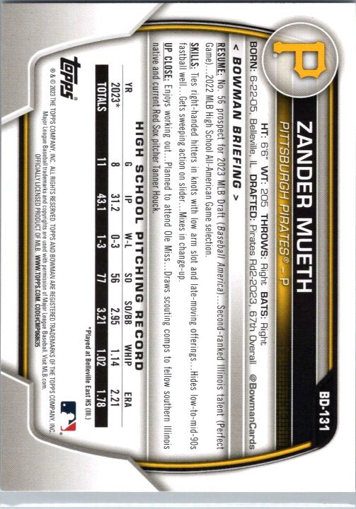 2023 Bowman Draft #BD-131 Zander Mueth | eBay