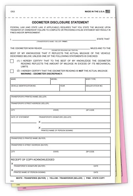 3-Part Auto Dealer Odometer Disclosure Statements Forms (Package of 100 ...