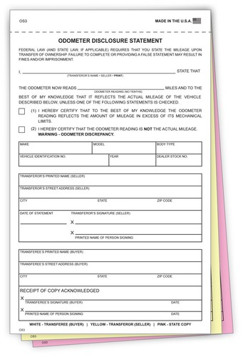 3-Part Auto Dealer Odometer Disclosure Statements Forms (Package of 100 ...