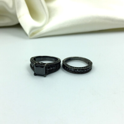 Rich Black Princess & Round Shape Onyx Black Rhodium 935 Silver Women's ...