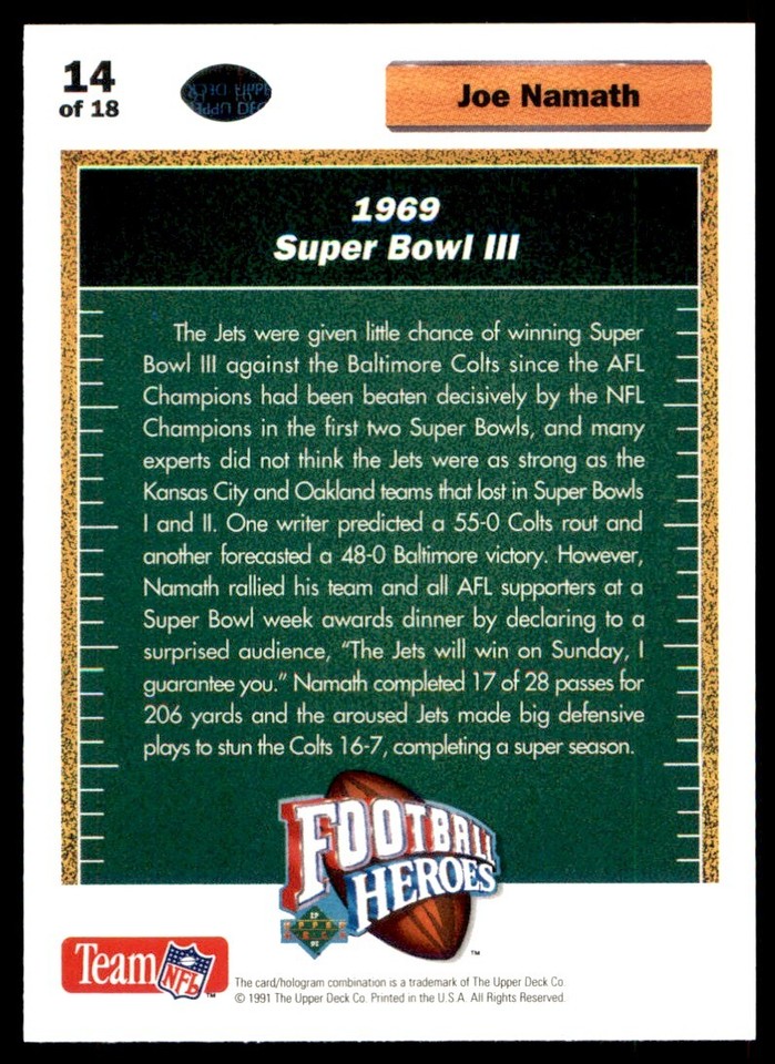 Joe Namath 1991 Upper Deck Football Heroes Joe Namath Card# 14 | eBay