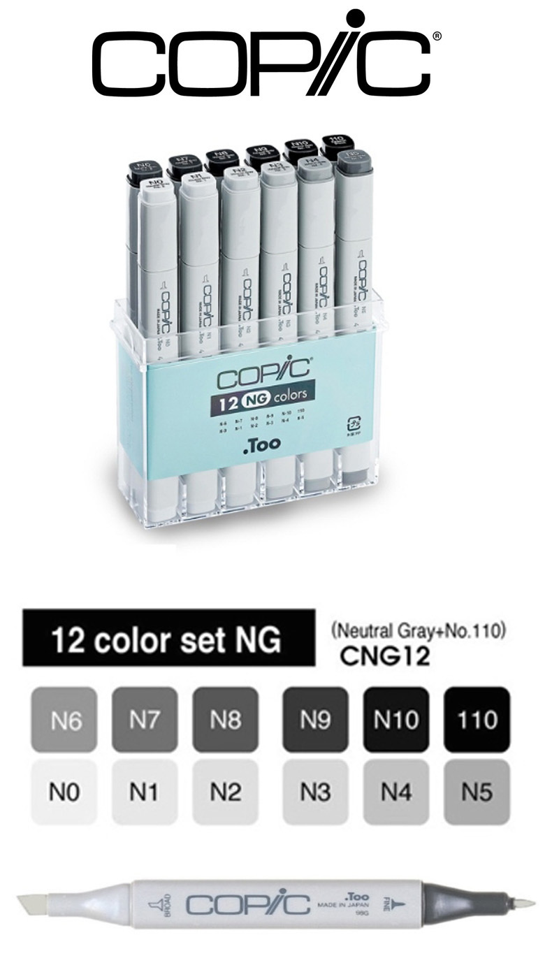New COPIC Twin Marker 12 Neutral Grey Set Graphic Art Markers + Free ...