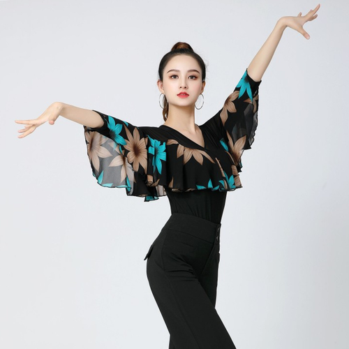 Women Ballroom Dance Top Sexy Blouse Waltz Tango Ruffle Floral Mesh ...