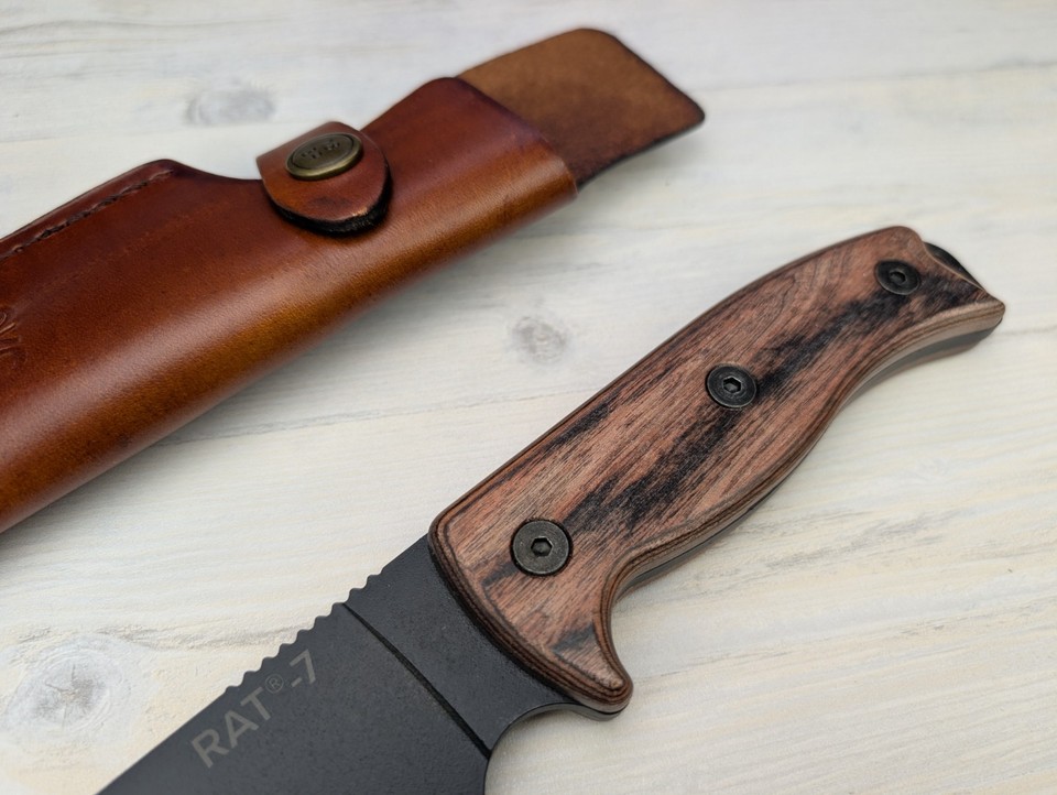 Ontario RAT-7 Adventurer Fixed Black Blade Knife Wood Handle Leather ...