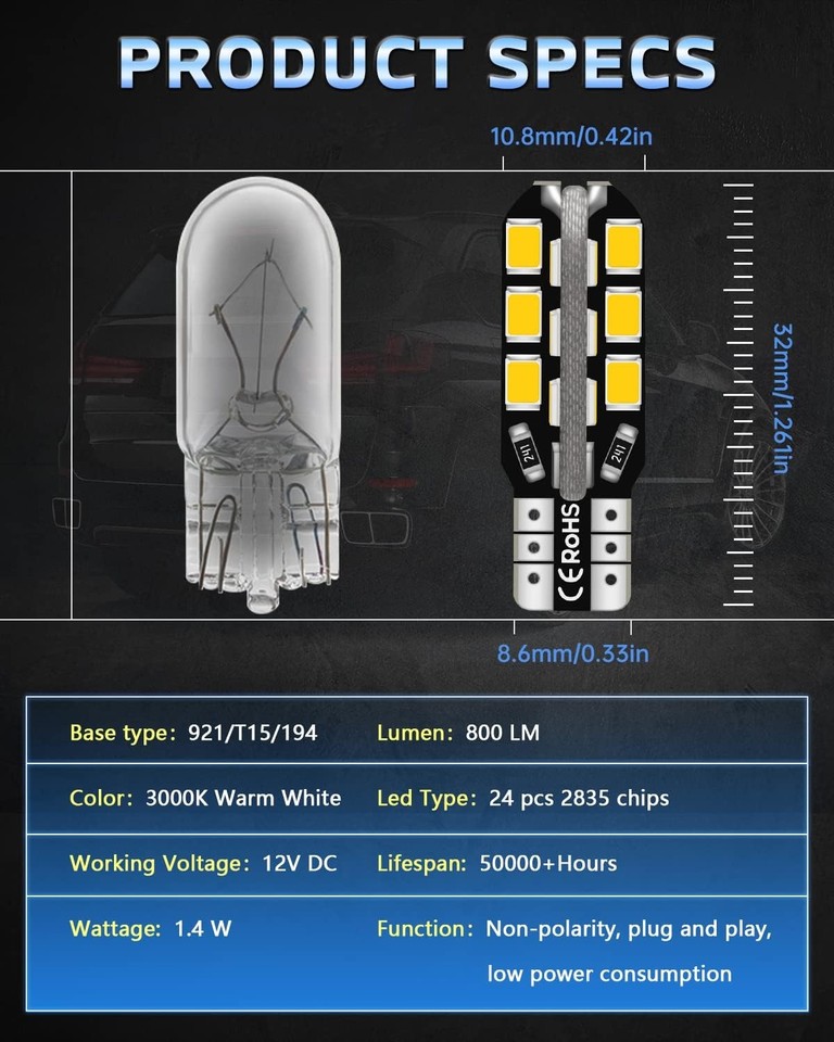 Super Bright 10Pack Warm White 2835 24SMD LED Replacement 12VDC 194 168 ...