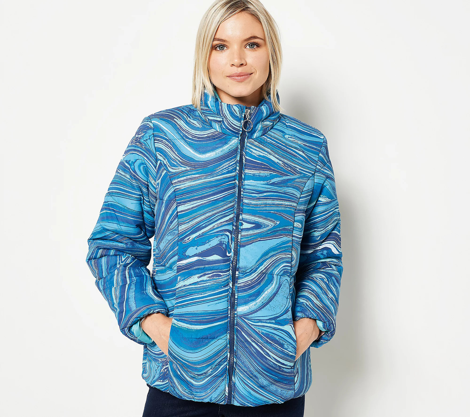 Isaac Mizrahi Live! SOHO Marble Puffer Jacket Blue XXS New | eBay