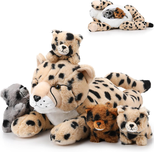 5 Pcs Cheetah Stuffed Animals Set Large Mommy Cheetah Plush with 4 Soft ...