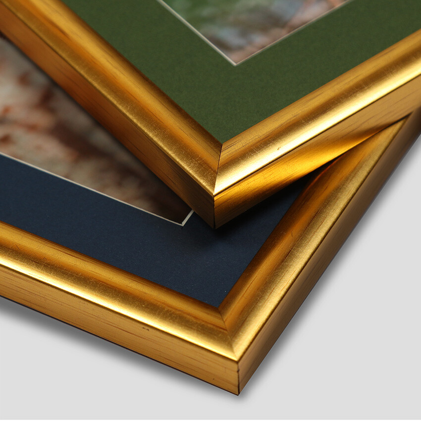 10x8 THIN GOLD PHOTO FRAME incl DARK BLUE Mount for TWO 6x4 PICTURES ...
