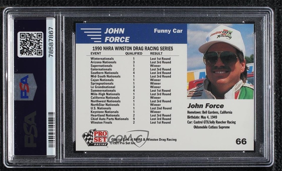 1991 Pro Set NHRA Racing John Force #66 PSA 7 HOF | eBay