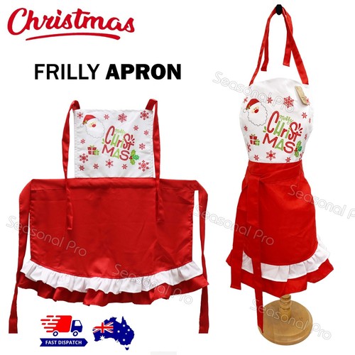 Christmas Frilly Apron Red Santa Adult Kitchen Cooking Chef Xmas Gift ...