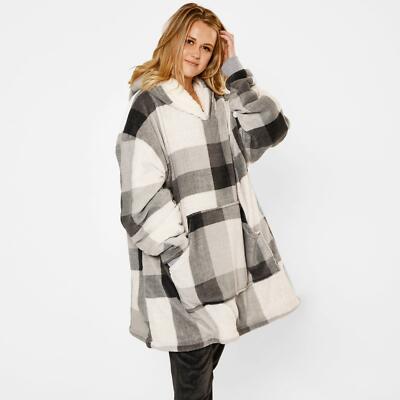 Dreamscene Check Hoodie Blanket Giant Wearable Sherpa Oversized ...