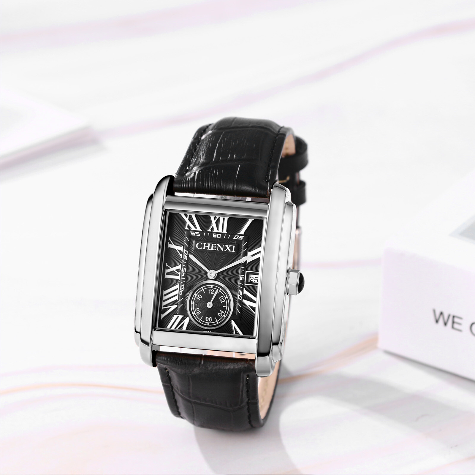 Men's Classic Roman Numberal Square Dial Genuine Leather Quartz Date ...