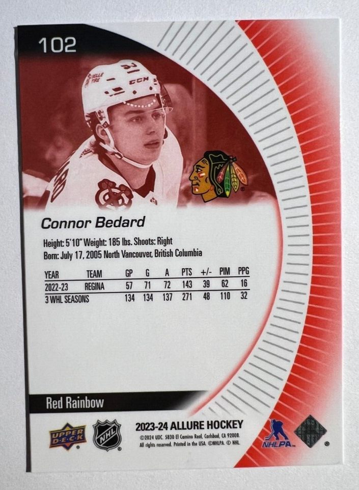 Connor Bedard RC (( RED RAINBOW Rookie )) 2023-24 Allure 102 SP | eBay