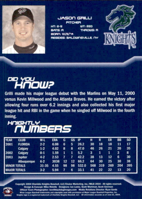 2004 Charlotte Knights Choice #9 Jason Grilli Baldwinsville New York NY ...
