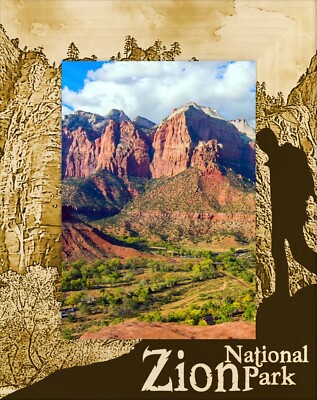 Zion National Park with Hiker Laser Engraved Wood Picture Frame ...