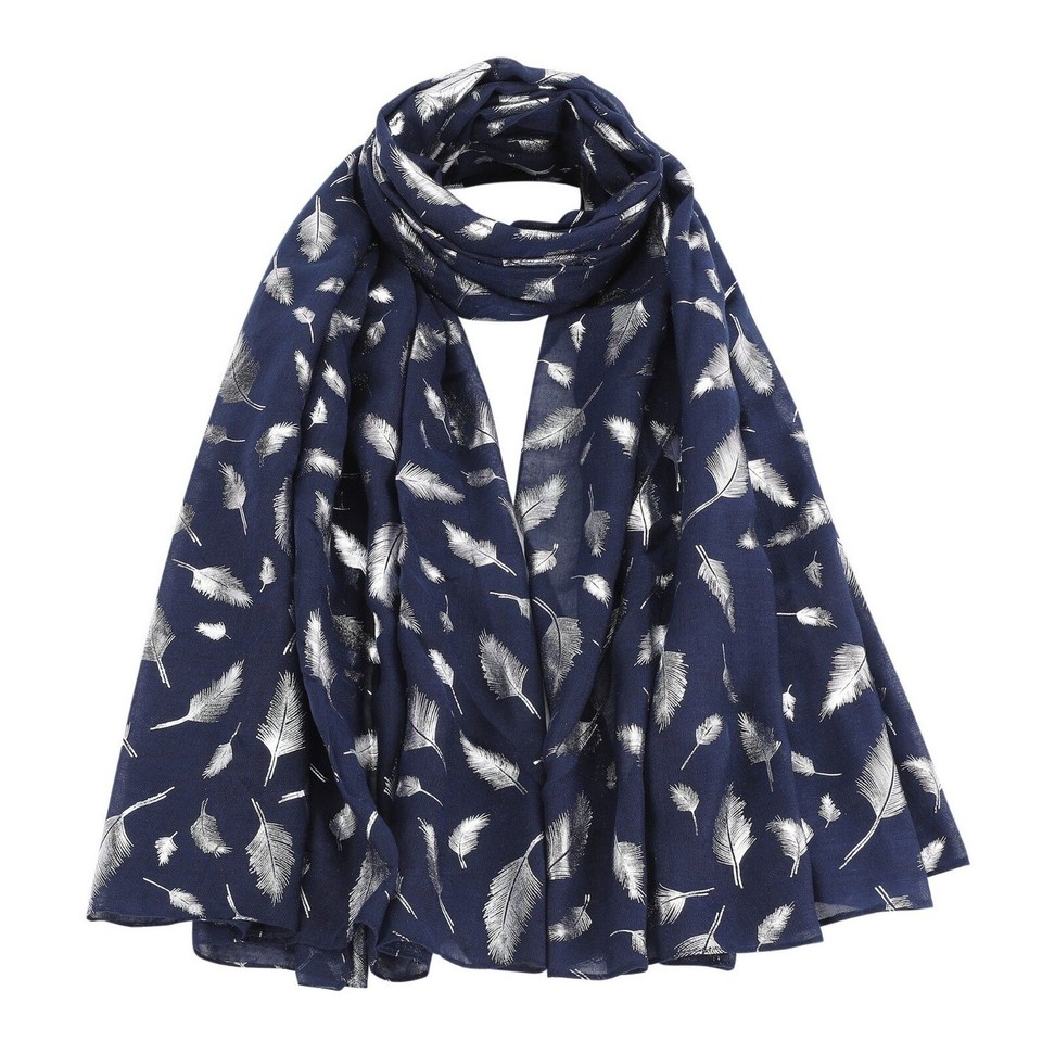 Ladies Women Glitter Silver Foil Feather Print Scarf Scarves Wraps For ...