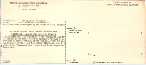 1965 FCC Restricted Radiotelephone Operator Permit Card Form 753-B ...