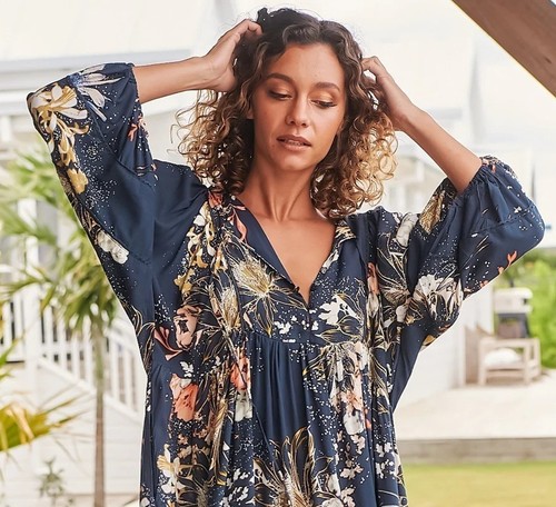 Jaase Boho Top Navy Blue Floral Printed V-Neck Kimono Style Blouse Size ...