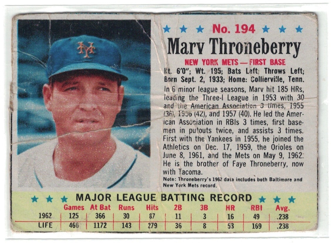 1963 Post #194, Marv Throneberry, New York Mets, Filler | eBay