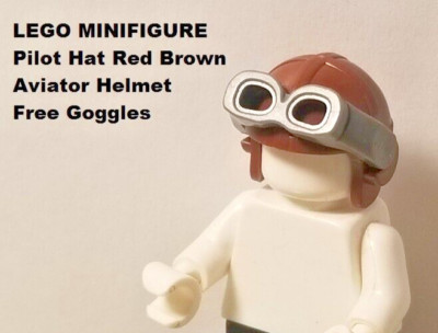 LEGO Minifigure Pilot Hat Red Brown Aviator Free Goggles Cap Helmet ...
