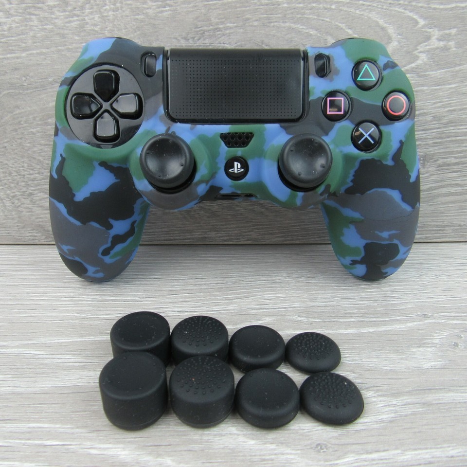 Silicone Blue Camo Grip Soft Shell + (8) Multi Thumb Caps For PS4 ...