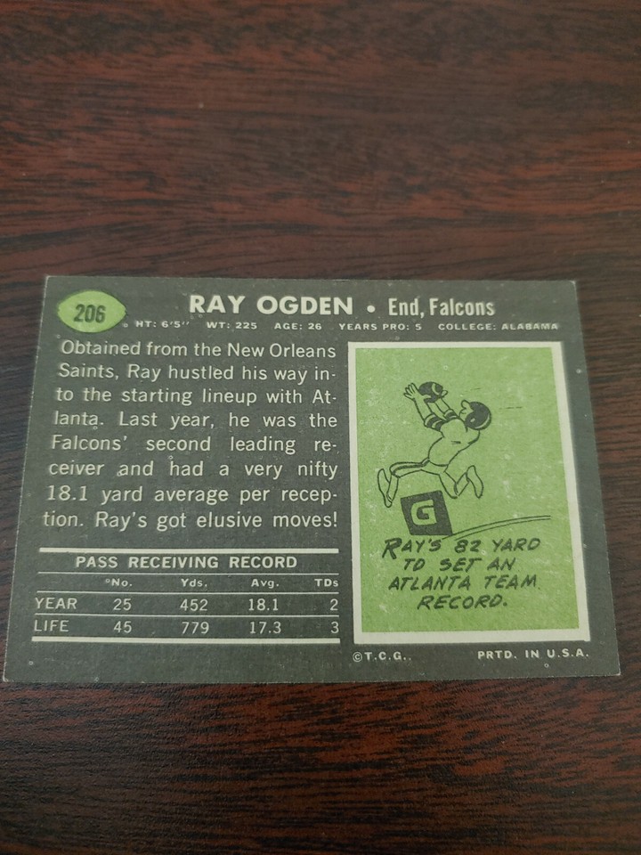 1969 Topps Ray Ogden Football Card #206 Atlanta Falcons Near Mint | eBay