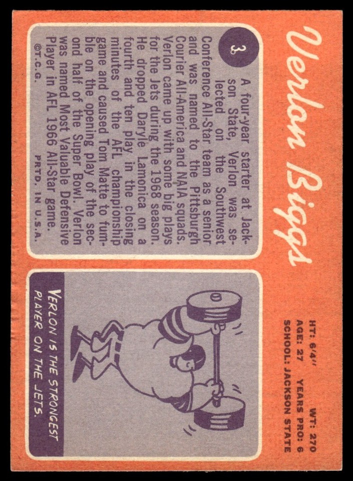 1970 Topps Verlon Biggs New York Jets #3 | eBay
