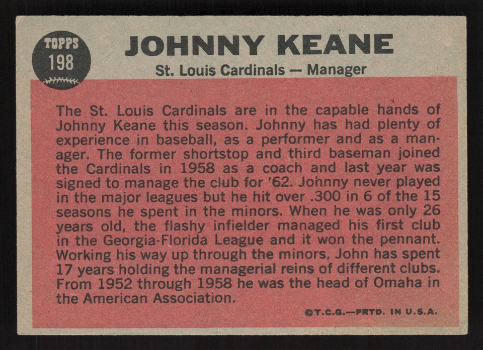 Johnny Keane 1962 Topps #198 St. Louis Cardinals VG-EX | eBay