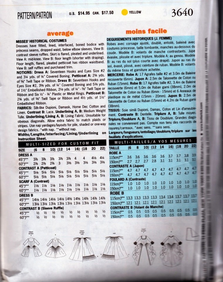 OOP Butterick 3640 18th Century Ladies' Costumes Size 12-14 Uncut ...