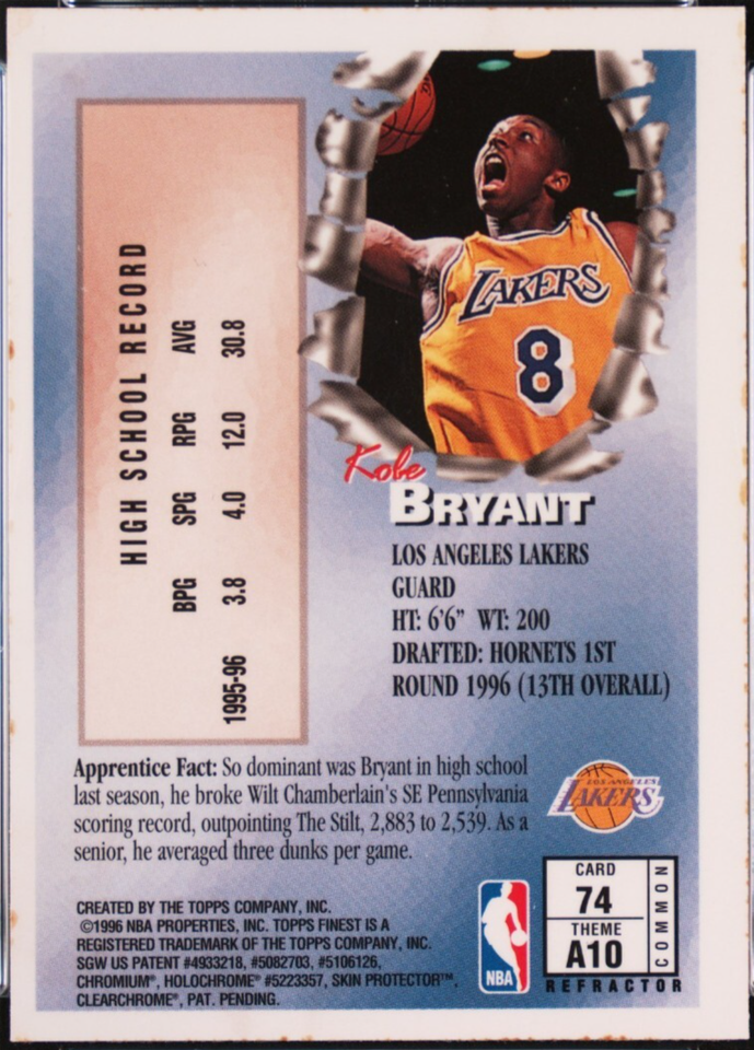 1996-97 KOBE BRYANT TOPPS FINEST REFRACTOR ROOKIE CARD W/ COATING #74 ...