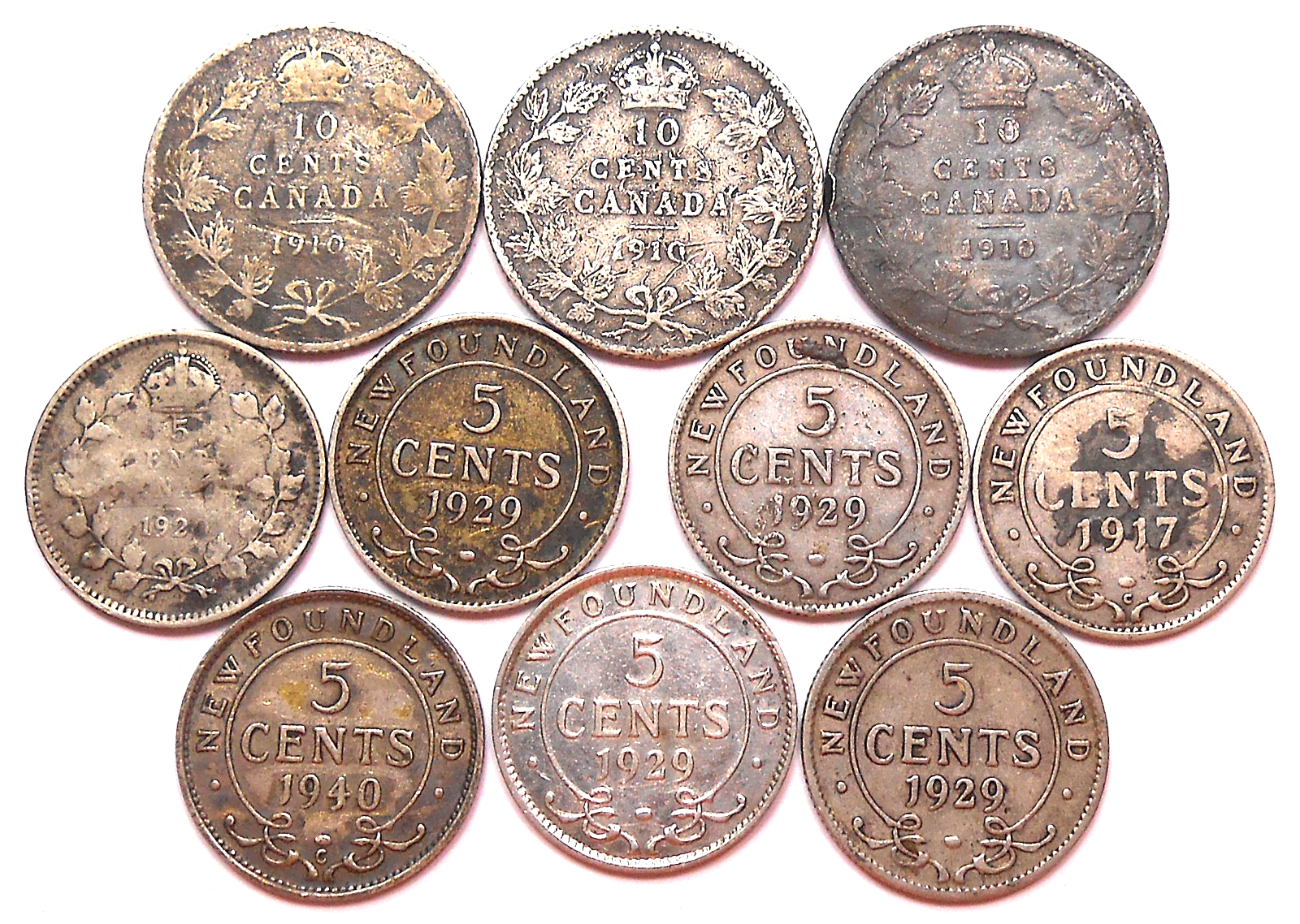 10 Old SILVER Canada / Newfoundland Coins 1910-1940 Total 15.18 gr. 9 ...