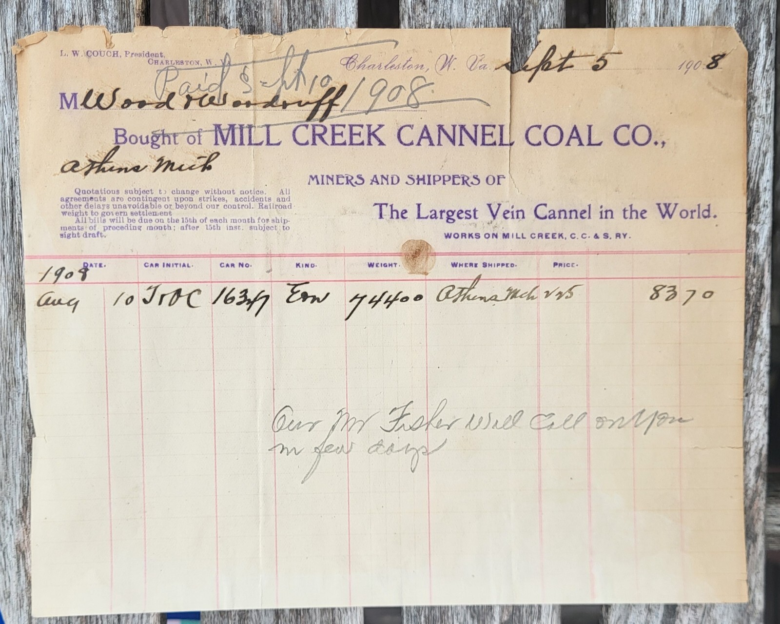 1908 Letterhead Michigan Athens Charleston West Virginia Mill Creek ...