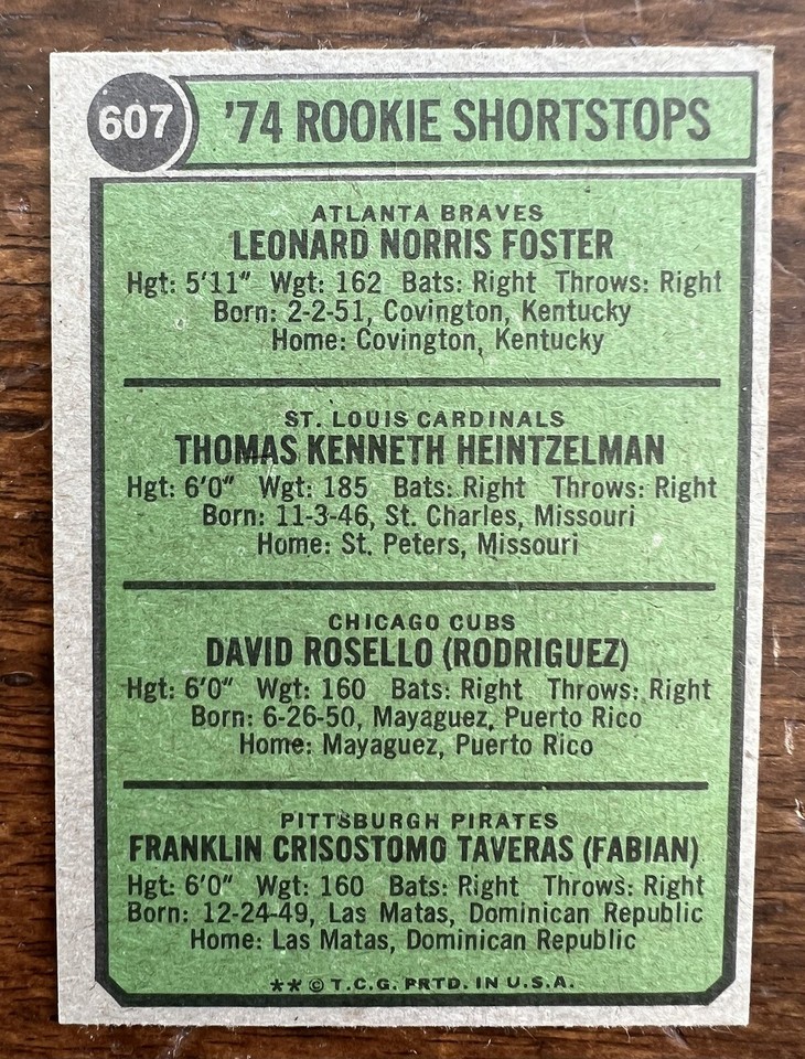 1974 Topps - Rookie Shortstops #607 Frank Taveras, Dave Rosello, Leo ...
