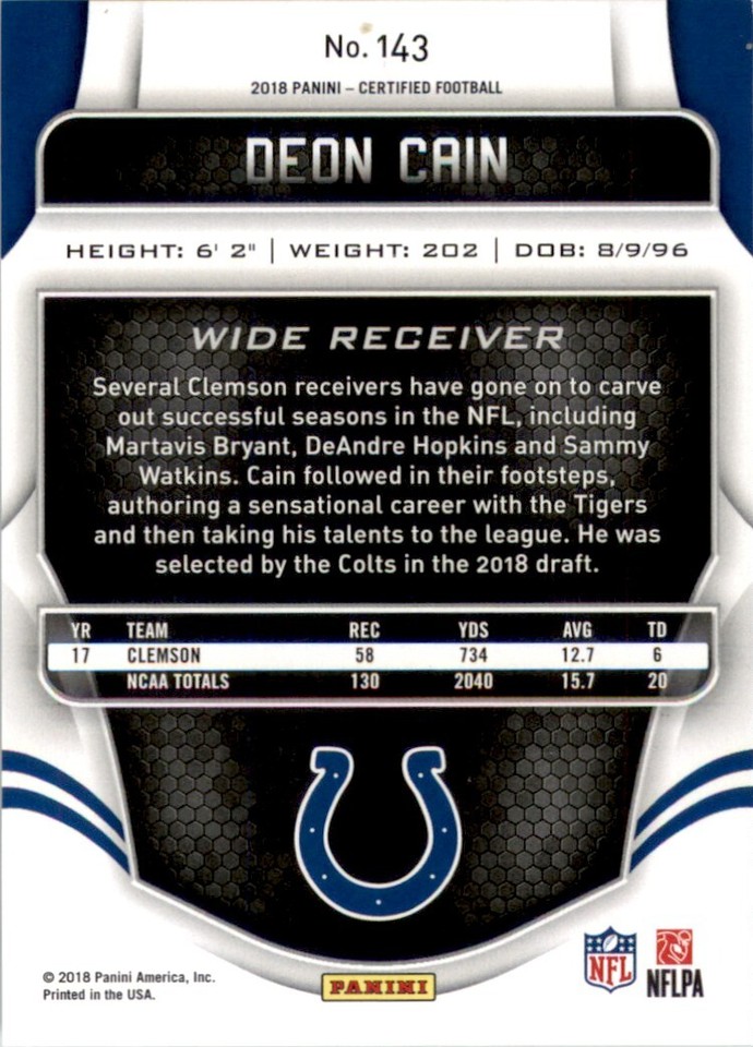 2018 PANINI CERTIFIED DEON CAIN RC /999 INDIANAPOLIS COLTS #143 EX ...