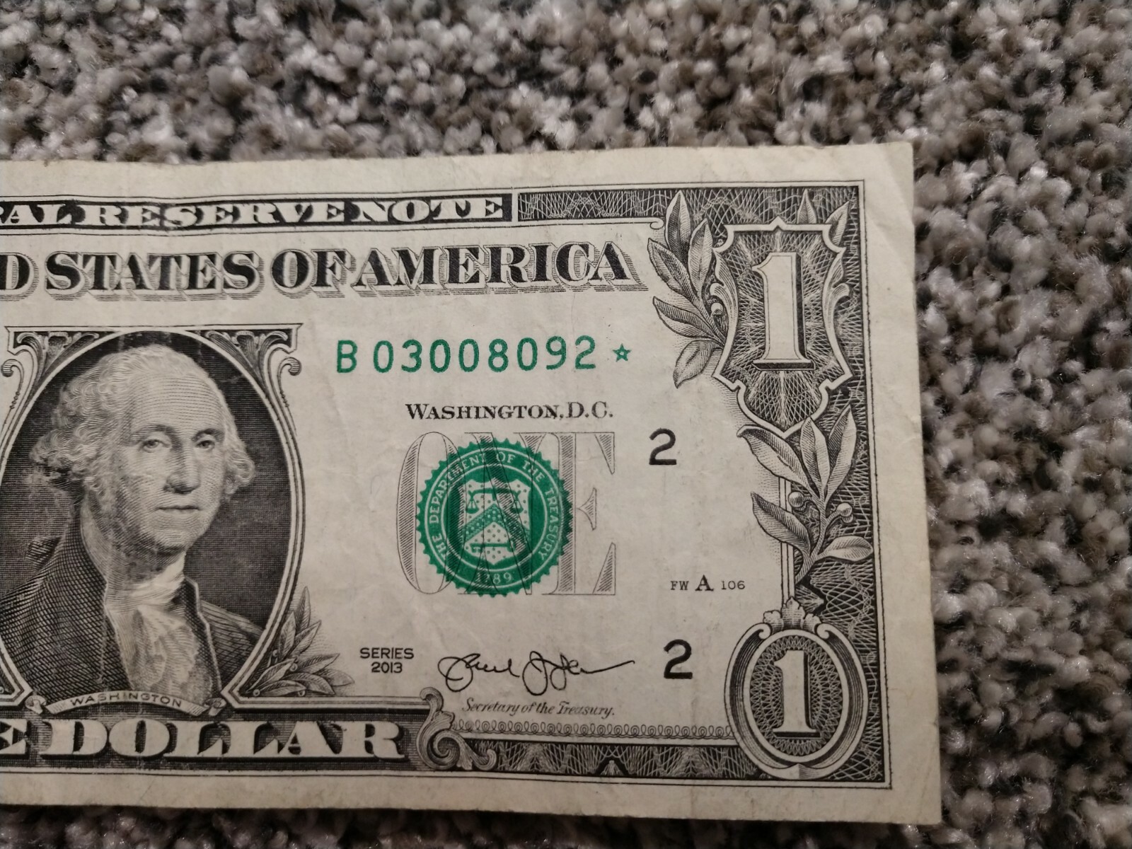 2013 B Series $1 One Dollar Bill Star Note Rare B03008092* cool number ...