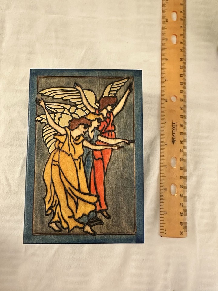 Art Nouveau Angel Wooden Box Stained Glass Style Laser Cut Carved Stars ...
