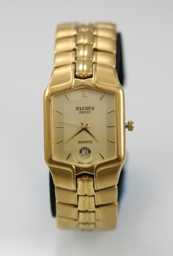 Elgin Swiss Men Watch Gold Stainless Steel Water Resistant Date Battery ...