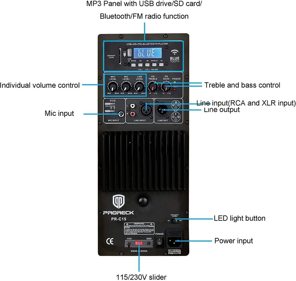 PRORECK PA Speaker Portable Powered 15-inch 600 Watt with Bluetooth DJ ...