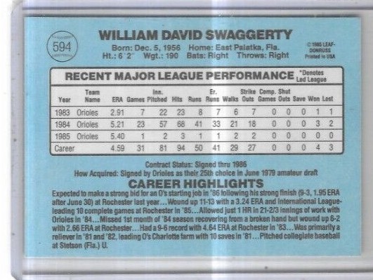 1986 Donruss #594 Bill Swaggerty Baltimore Orioles | eBay
