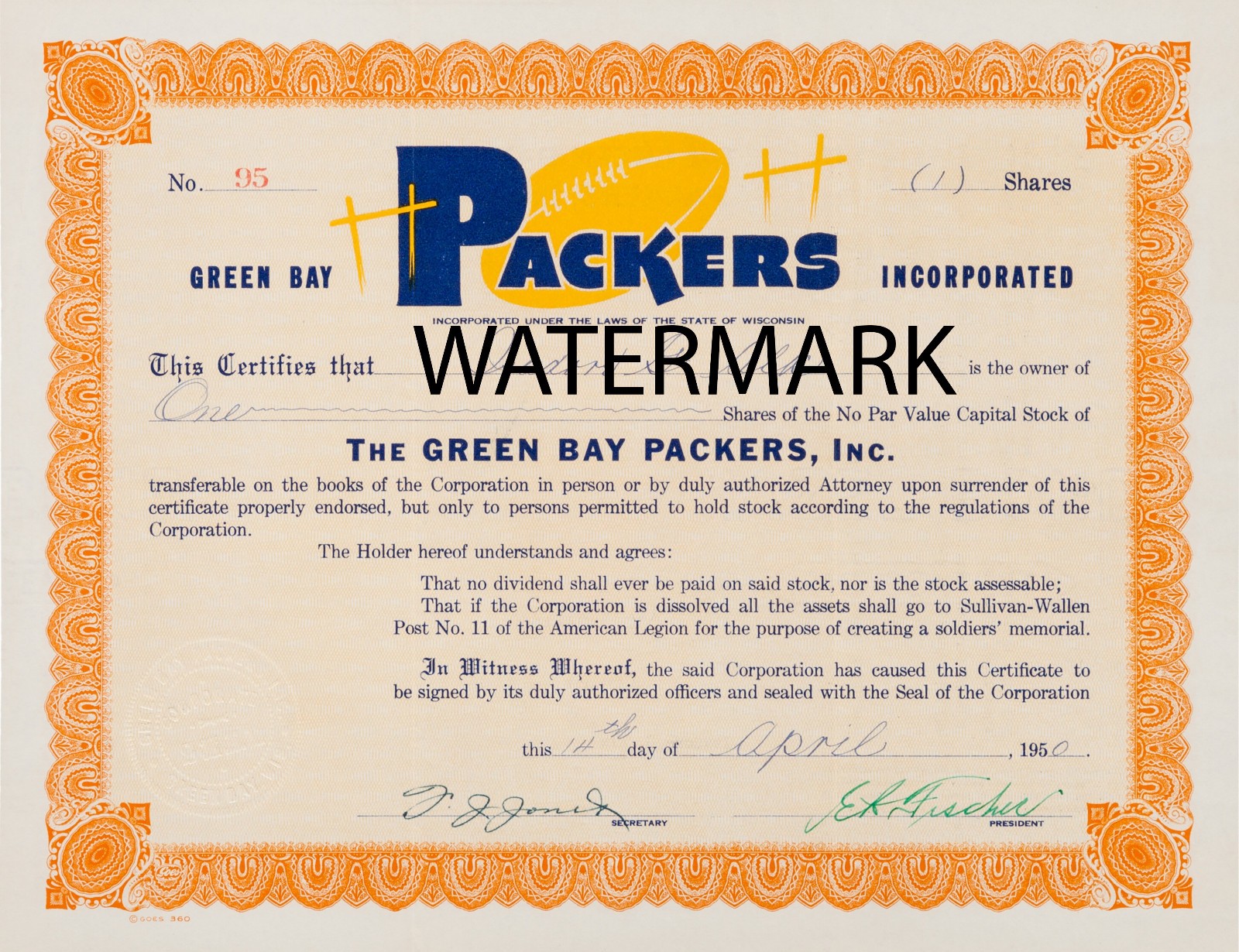 1950 Green Bay Packers Football Stock Certificate Obsolete Sheet ...