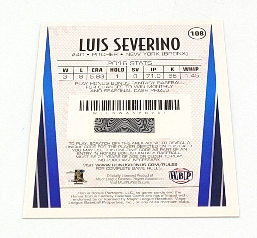 2017 Honus Bonus Fantasy Baseball Card Luis Severino New York Yankees ...