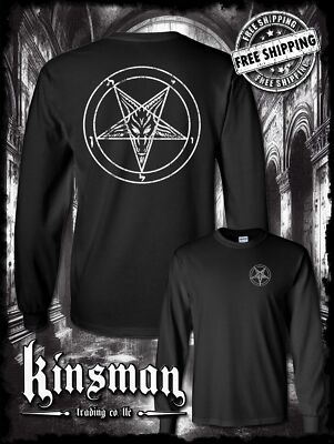 Baphomet Satanic Pentagram Distressed Logo 2-Sided Long Sleeve T-Shirt ...