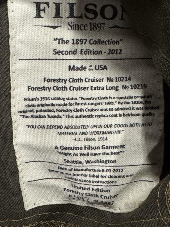 Filson Forestry Cloth Cruiser - Limited Numbered 1897 Edition - USA ...
