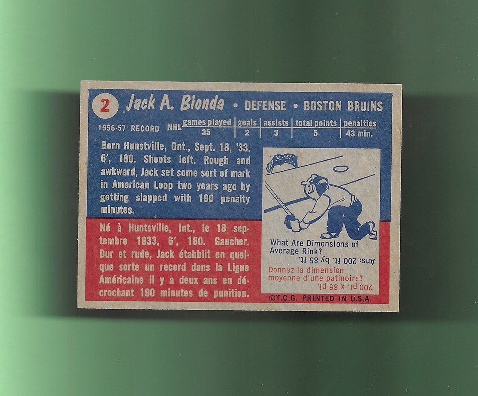 SUPER HIGH GRADE! 1957-58 Topps # 2 JACK BIONDA BOSTON BRUINS ...