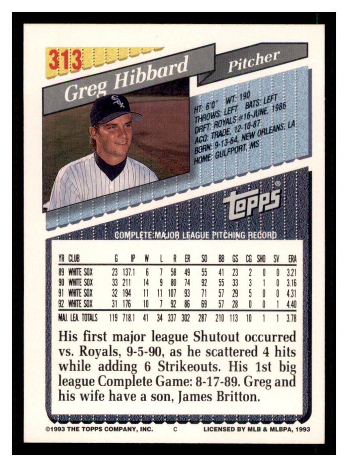 1993 Topps #313 GREG HIBBARD Chicago White Sox | eBay