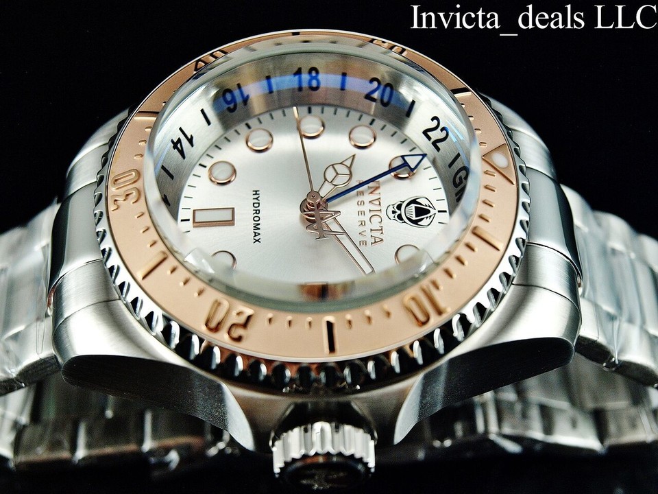 Invicta Reserve 52mm SKULL HYDROMAX SWISS GMT Silver Dial Rose Bezel SS ...