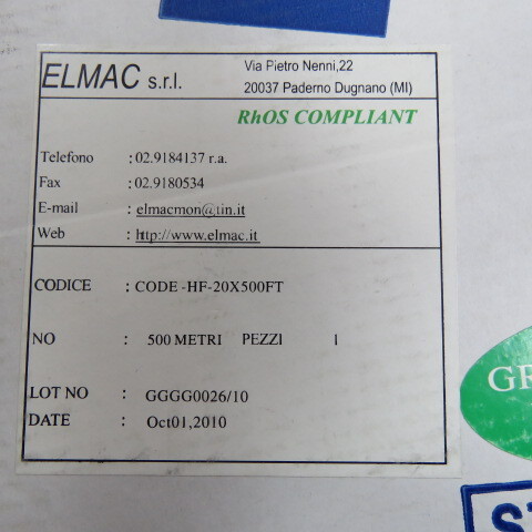 ELMAC HF-20X500FT Qty of 25 per Lot UL2651 20-POLE FLAT CABLE T&B 171 ...