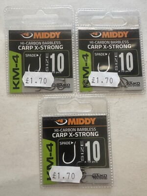 Job Lot MIDDY KM-4 Carp X-Strong Spade Hooks (10pc pkt) / Size 10 / 3 ...