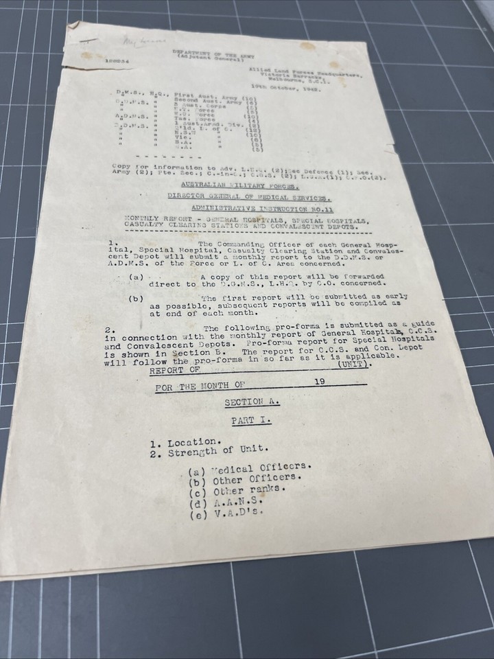 VINTAGE DOCUMENT DEPT OF THE ARMY VICTORIA BARRACKS 1942 ALLIED FORCES ...