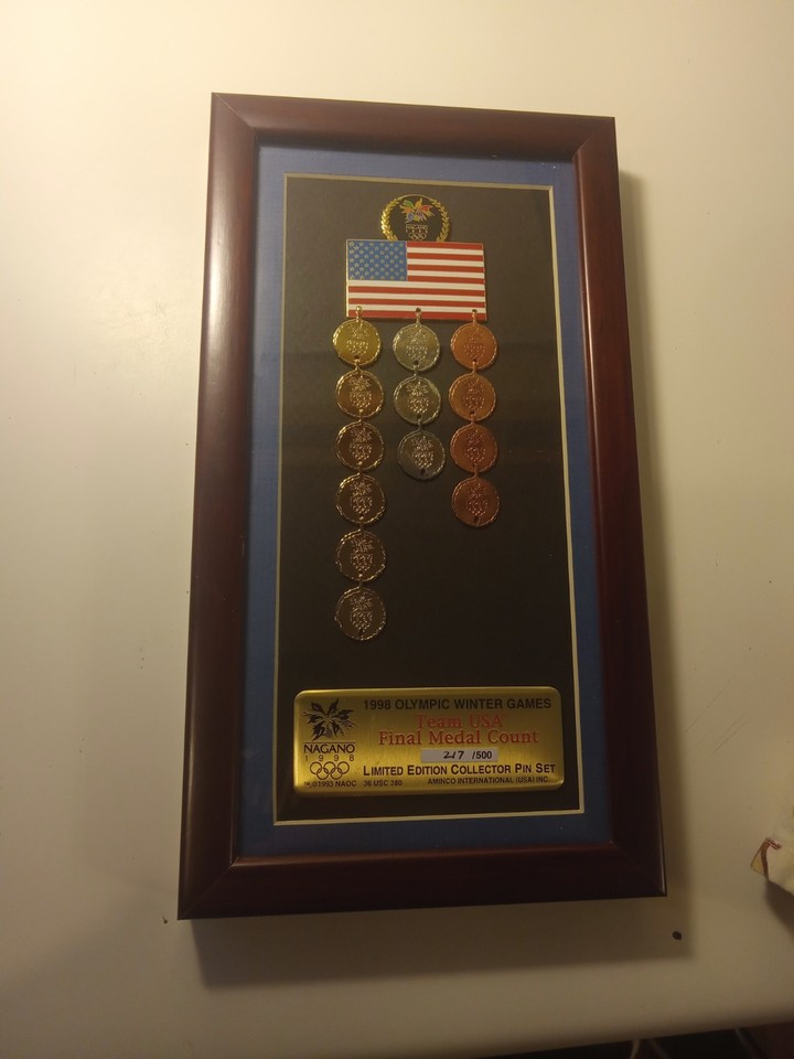 Nice! Limited Edition 1998 USA Nagano Winter Olympic Pin Set Framed 217 ...